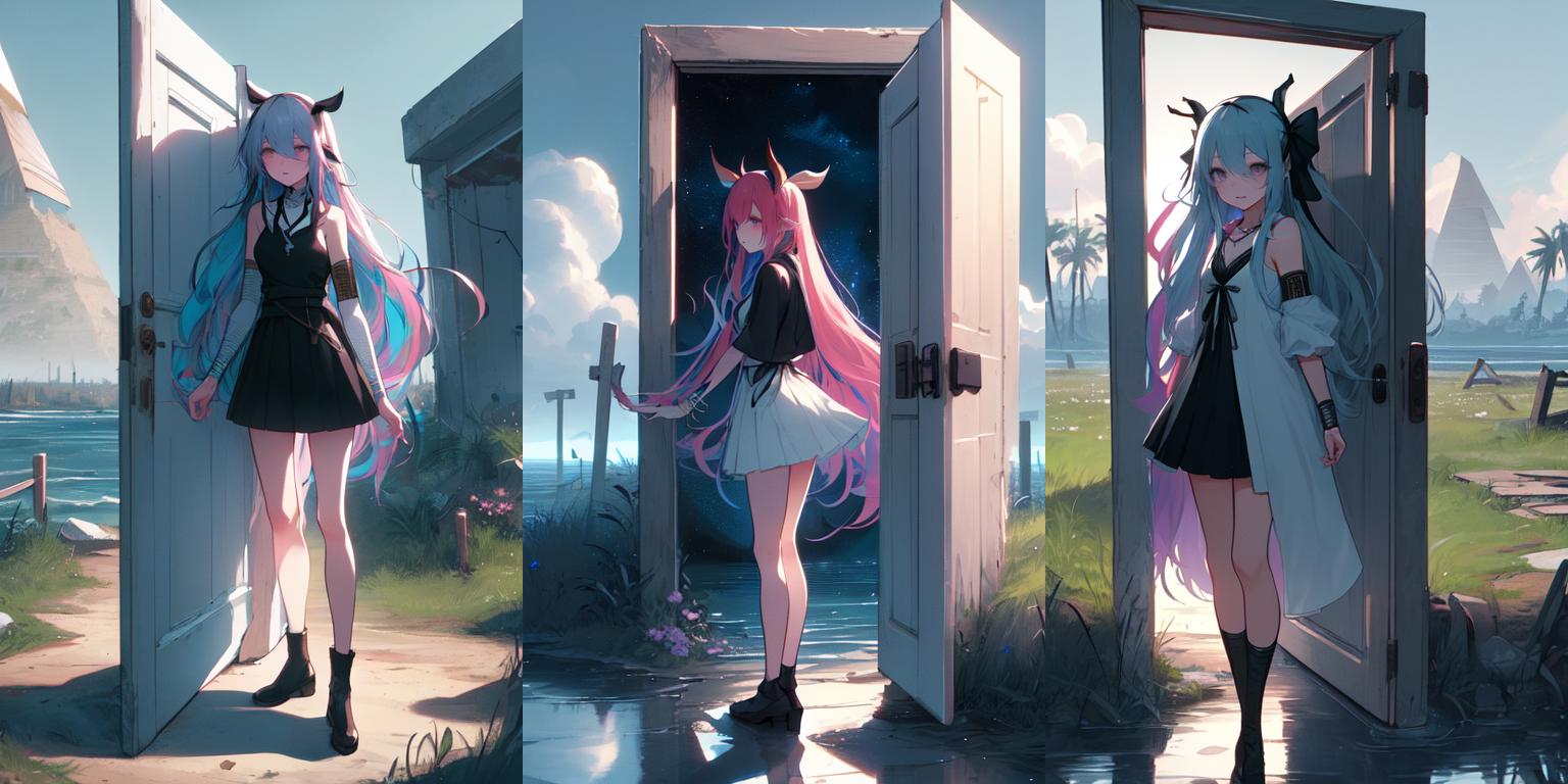 Anime girl standing in front of open doors with pink hair - SeaArt AI