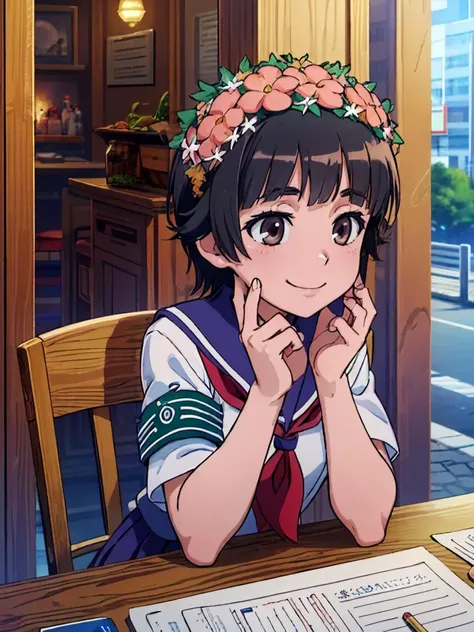 Anime girl sitting at a table with her chin resting on her hand - SeaArt AI