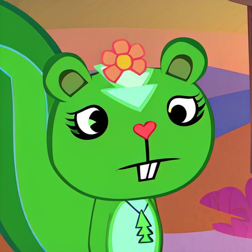 Cartoon picture of a green squirrel with a flower on its head - SeaArt AI
