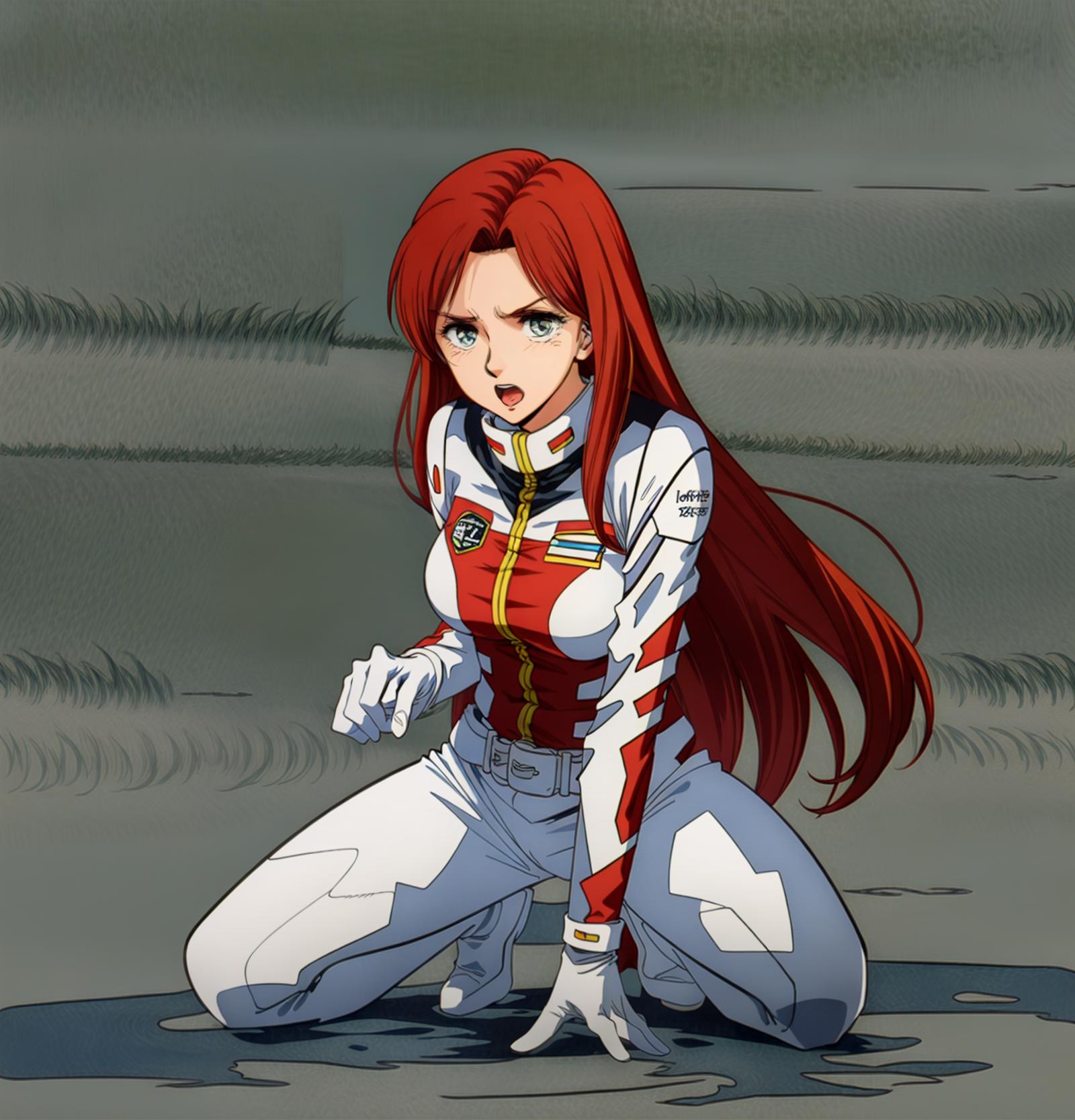 Anime girl with red hair and white pants crouching down - SeaArt AI