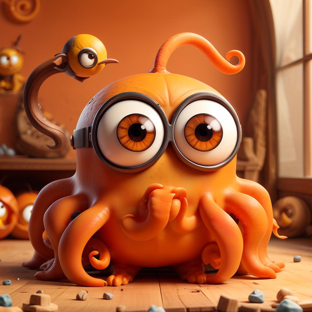 There is a small orange octopus with big eyes and a bird on its head ...