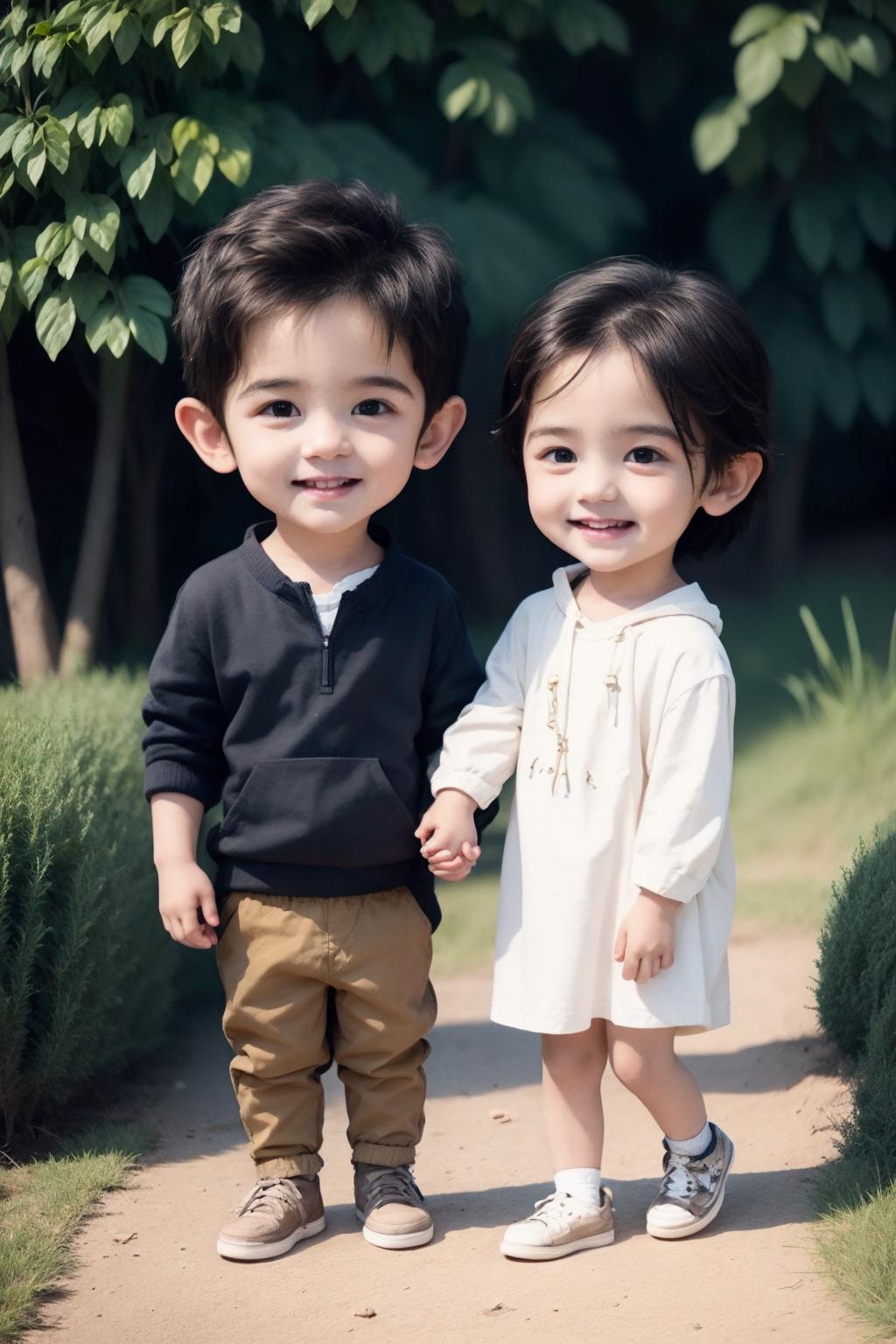 Two little kids standing next to each other on a path - SeaArt AI