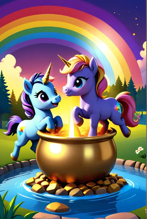 A close up of two little pony standing near a pot of gold - SeaArt AI
