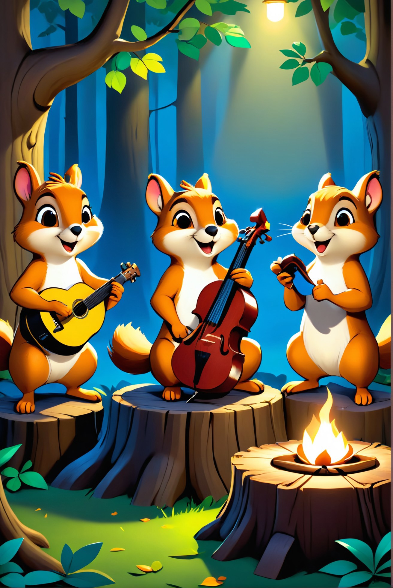 A group of squirrels playing music in the woods - SeaArt AI