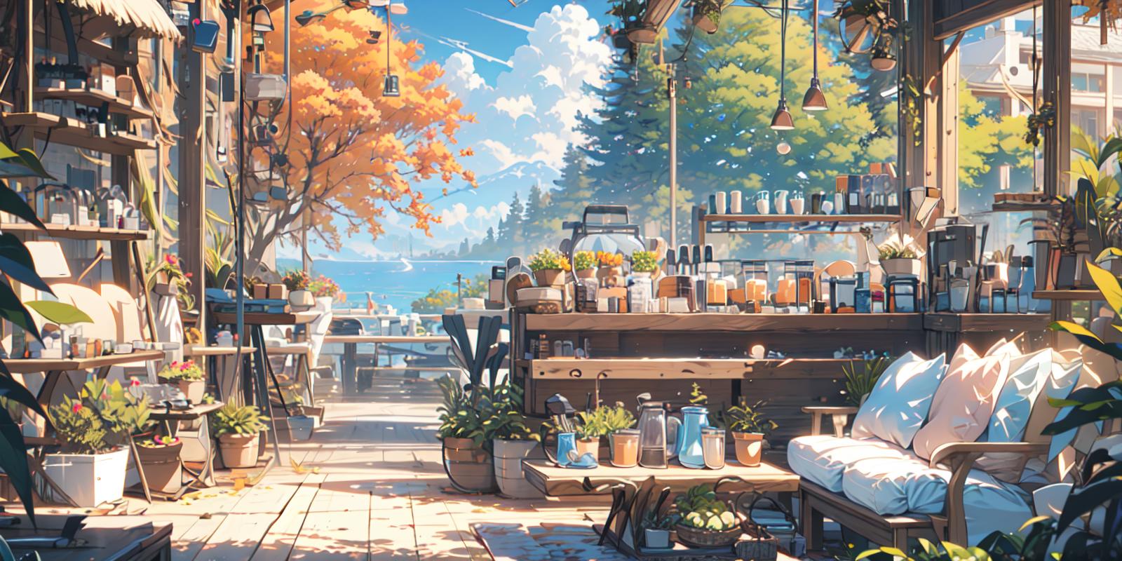 Anime scenery of a patio with a lot of plants and a lot of bottles ...