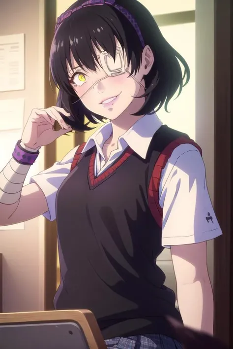 Anime girl with black hair and a white shirt and a black vest - SeaArt AI