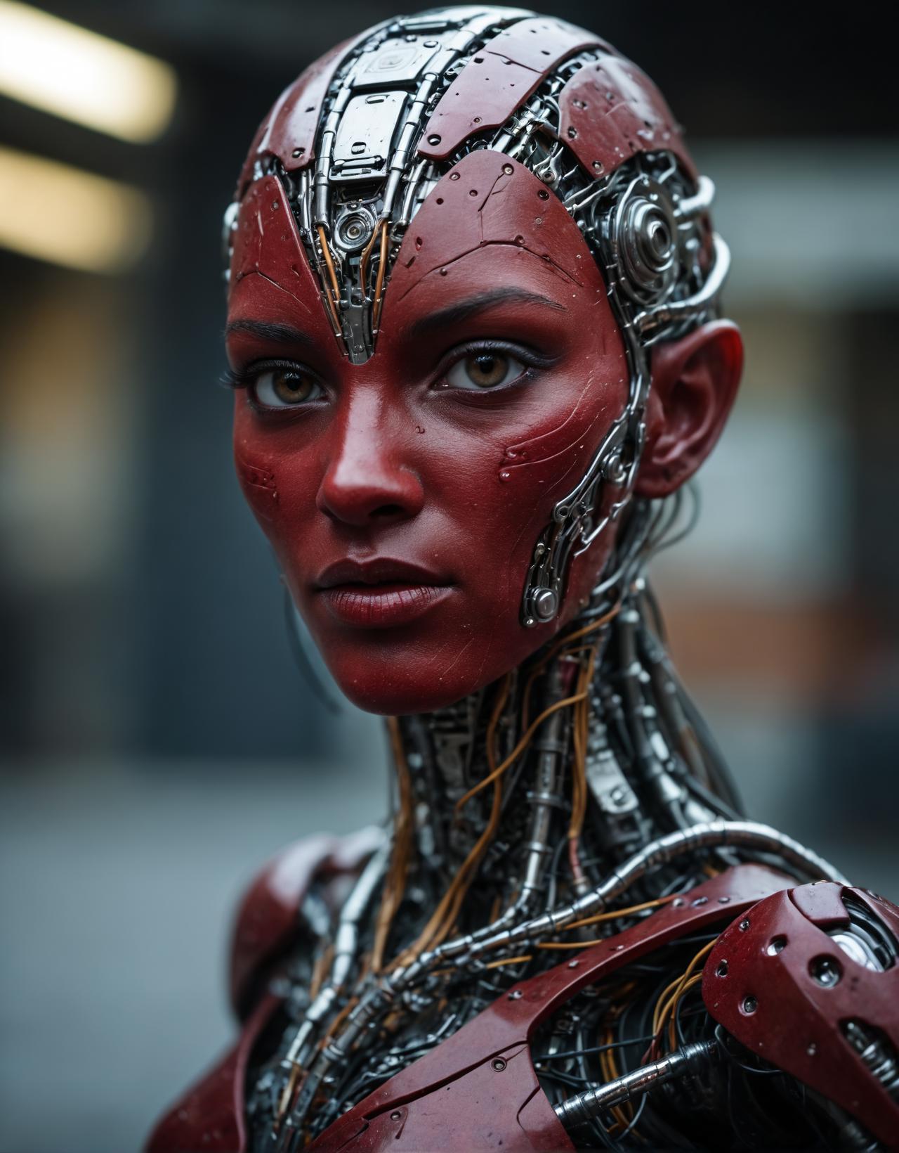 A close up of a woman with a red face and a robot body - SeaArt AI
