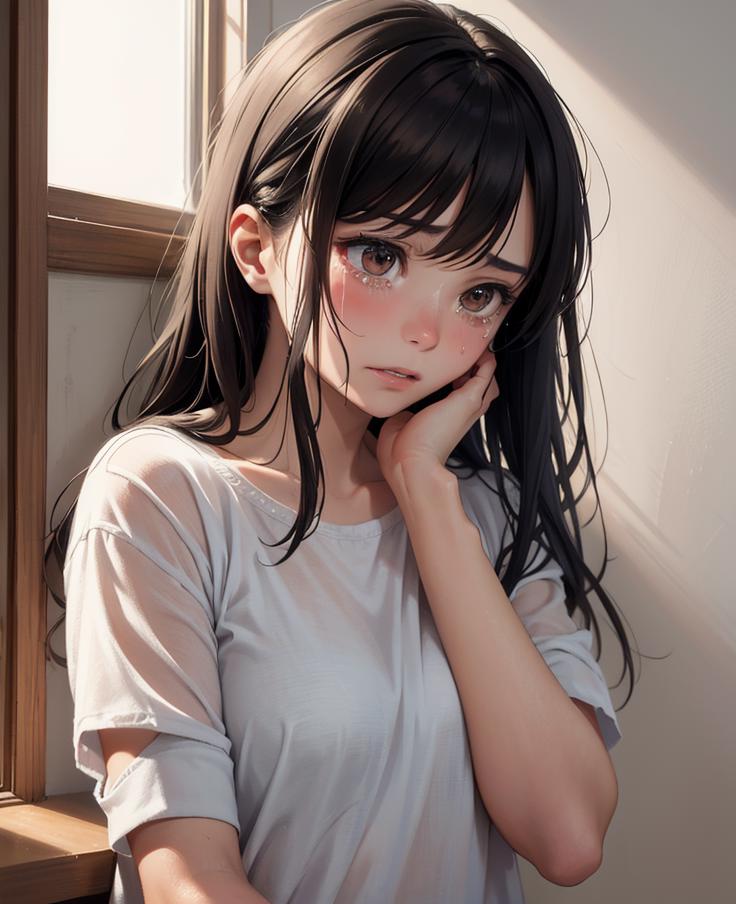 Anime girl with long black hair and white shirt sitting on a window ...