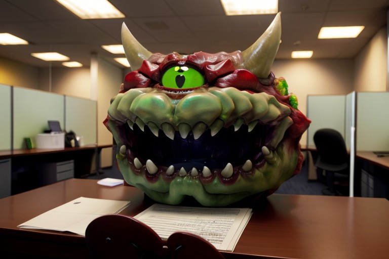 There is a fake monster head on a desk in an office - SeaArt AI