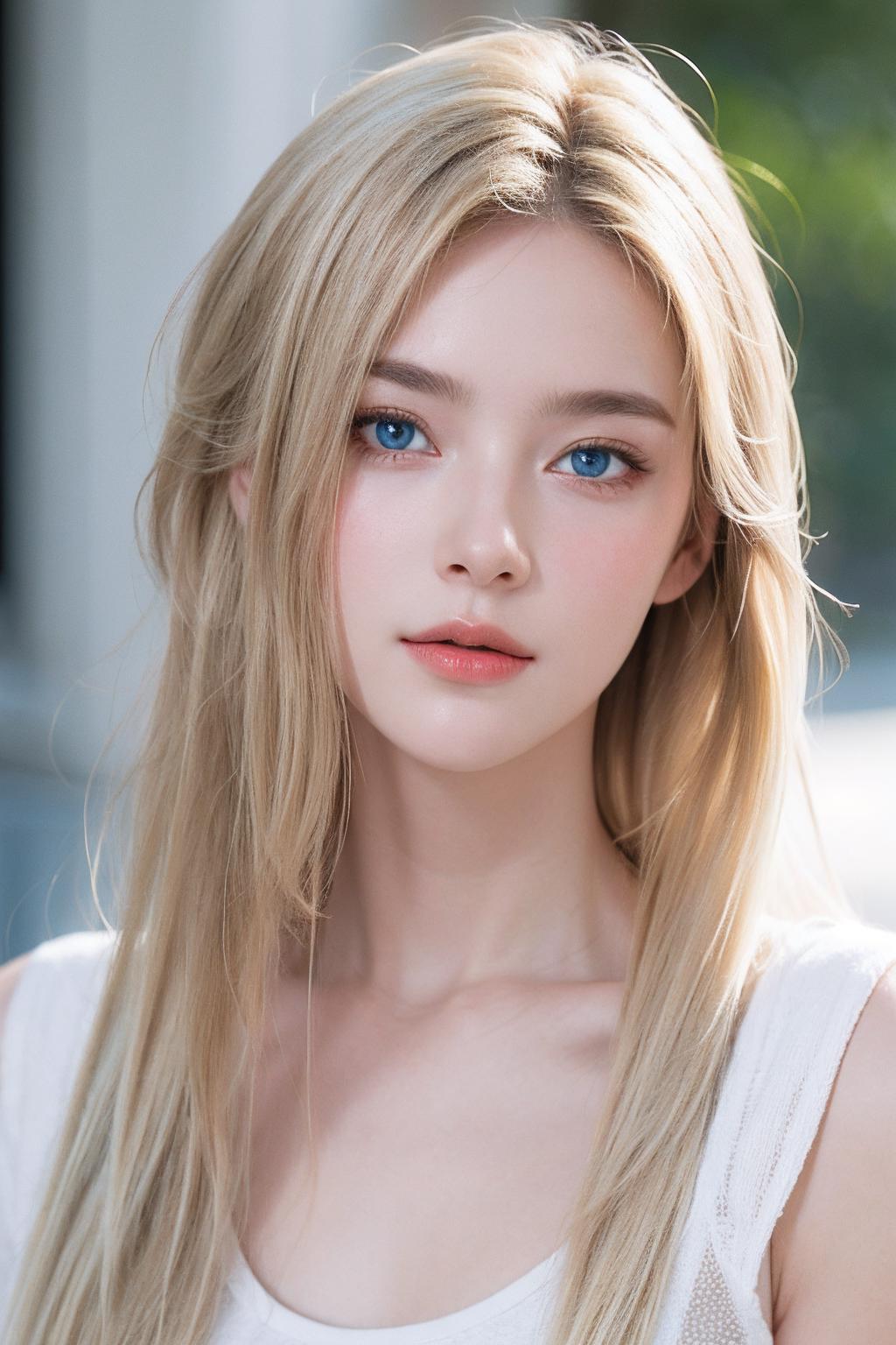 A woman with long blonde hair and blue eyes posing for a picture - SeaArt AI