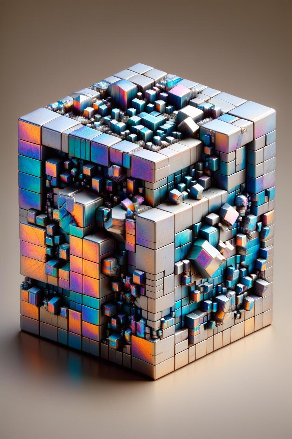 A close up of a metal cube with many different colored squares - SeaArt AI