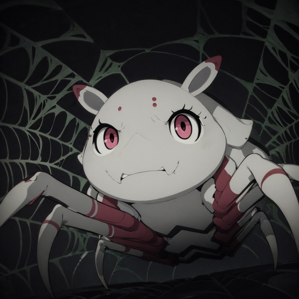 Anime character with pink eyes and spider web in dark room - SeaArt AI