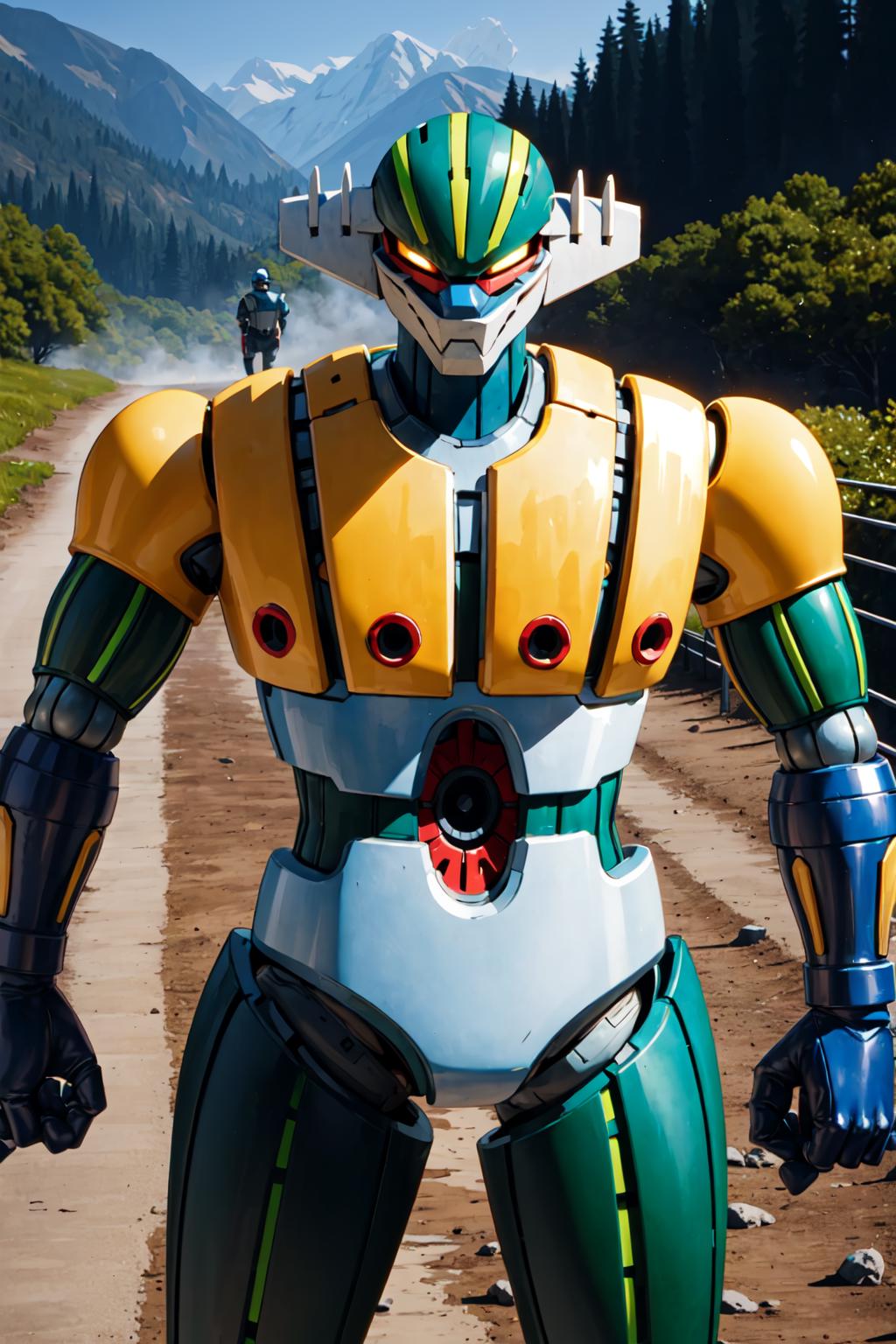 Araffe standing on a dirt road with mountains in the background - SeaArt AI