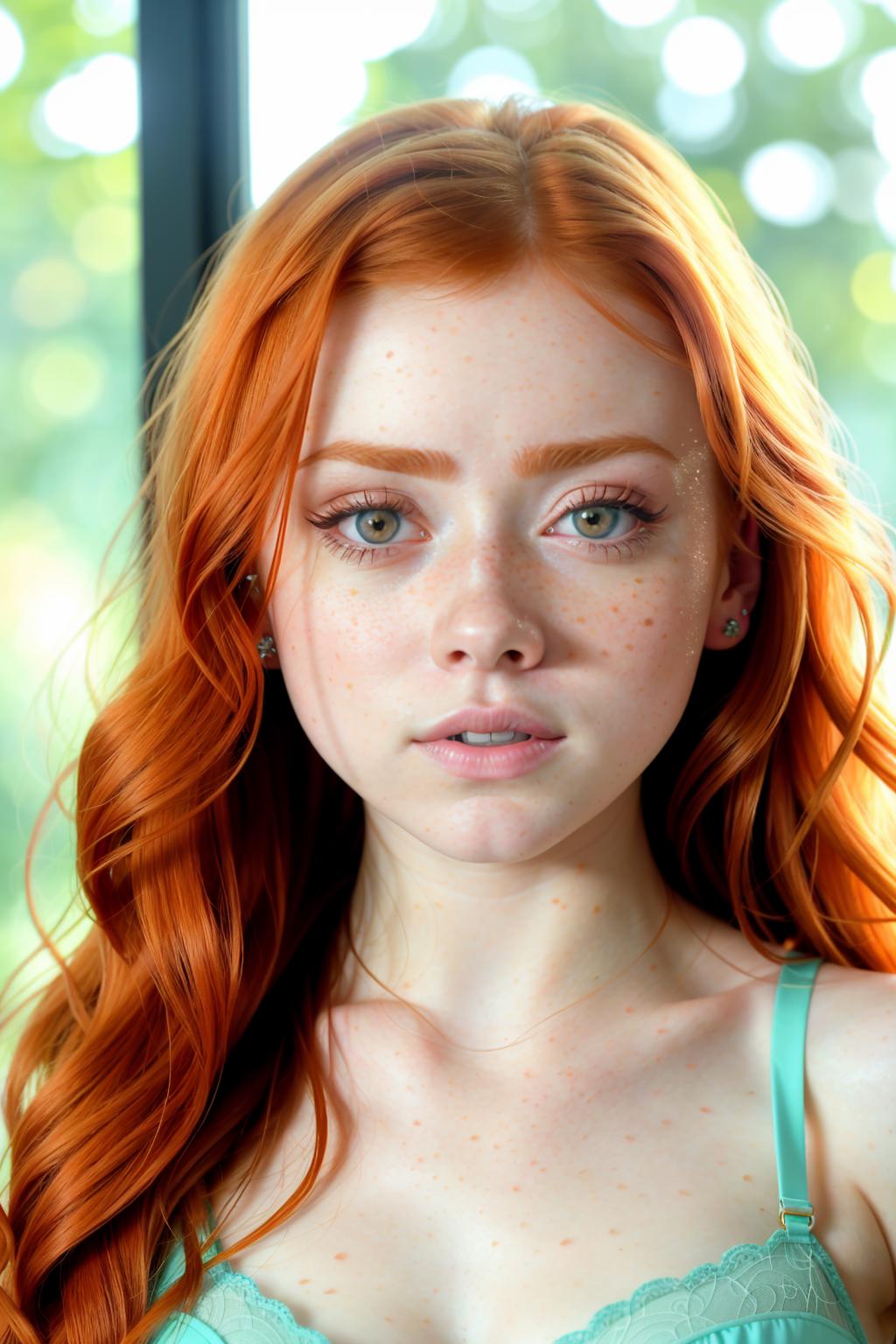 Redhead haired woman with freckled hair and green bra - SeaArt AI