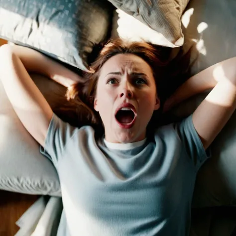 Arafed woman laying on a bed with her hands on her head - SeaArt AI