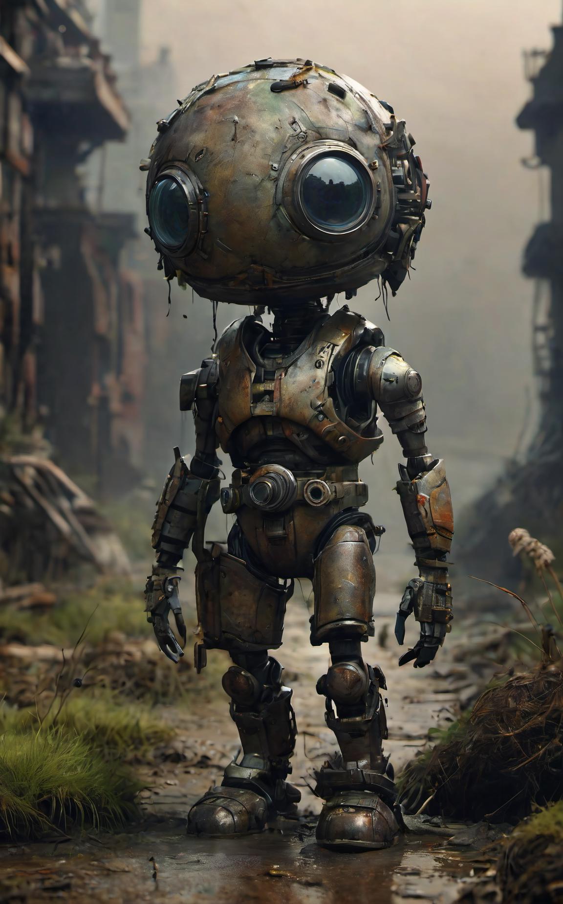 A close up of a robot standing in a dirty city - SeaArt AI