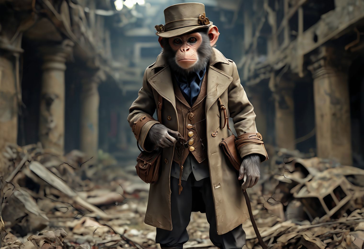 Arafed monkey dressed in a trench coat and hat standing in a ruined ...