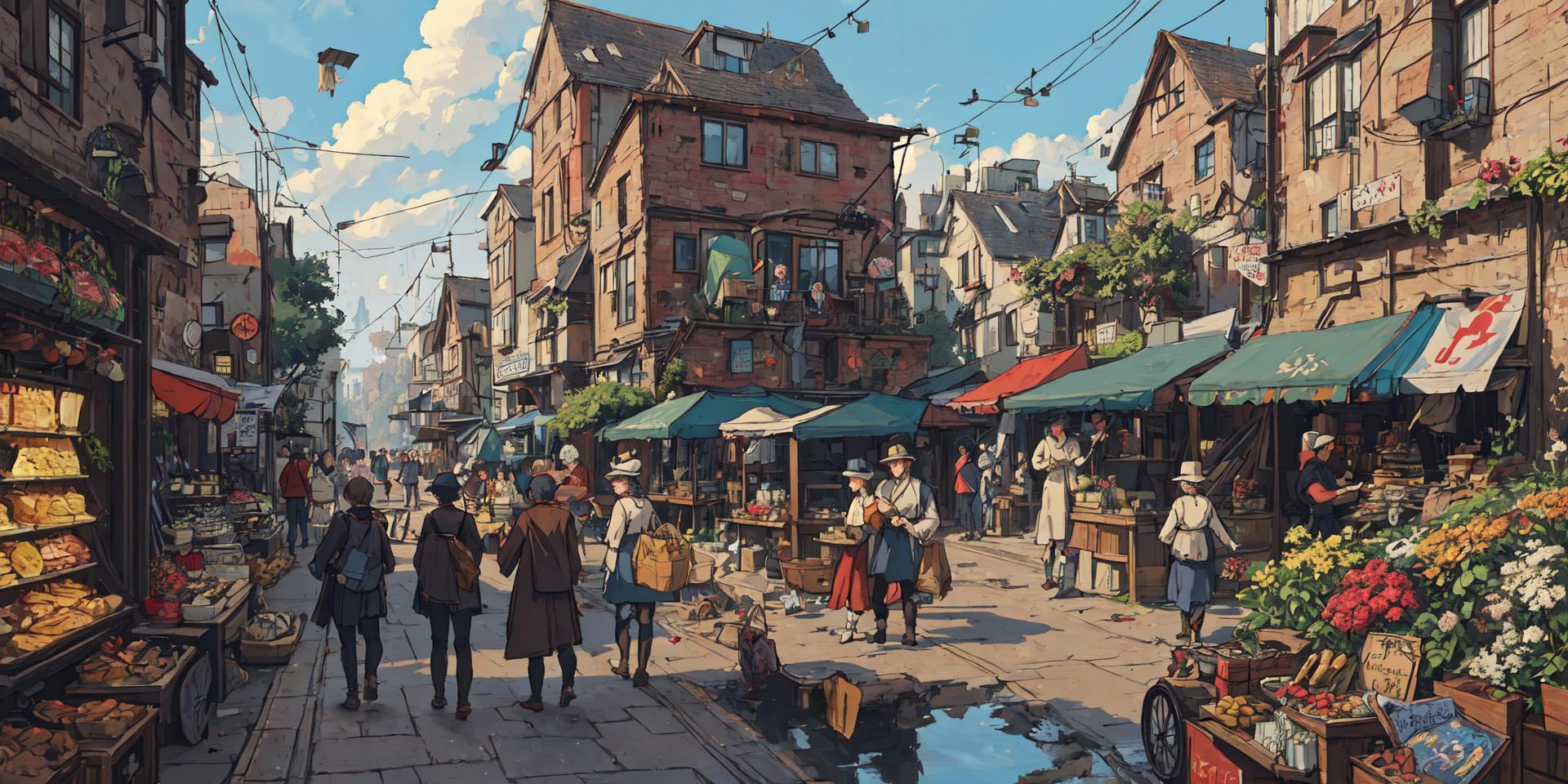 Painting of a street scene with people walking and shopping in the ...