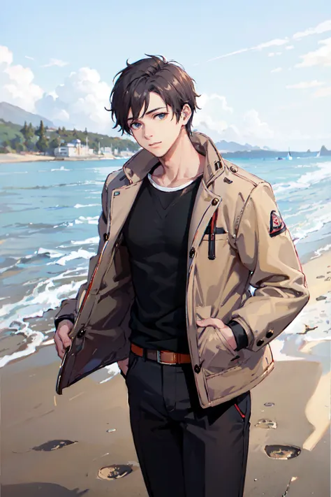 Anime guy standing on the beach with his hands in his pockets - SeaArt AI