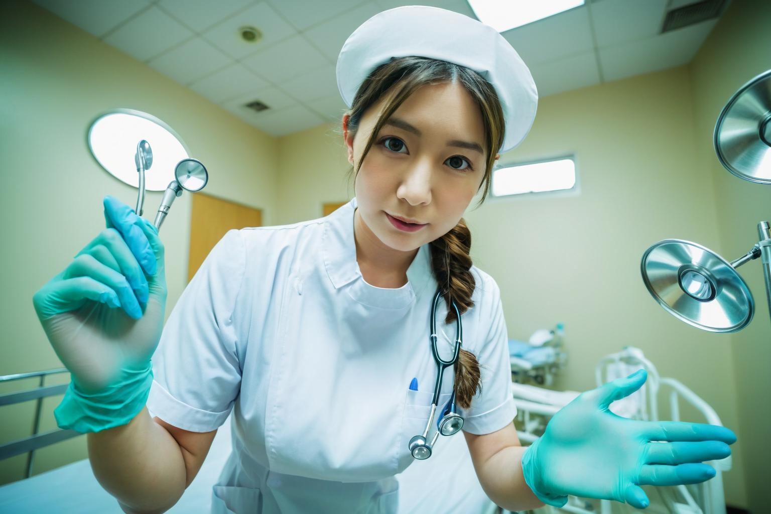 Arafed nurse in white uniform holding a pair of blue gloves - SeaArt AI