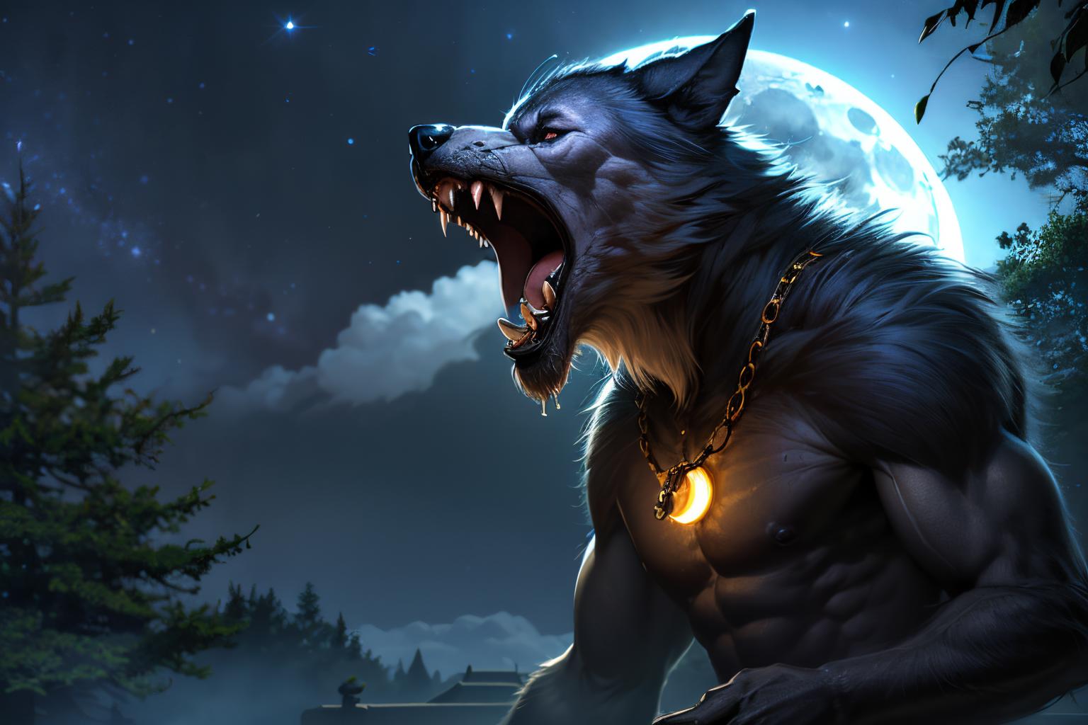 Werewolf with glowing eyes and fangs in front of a full moon - SeaArt AI