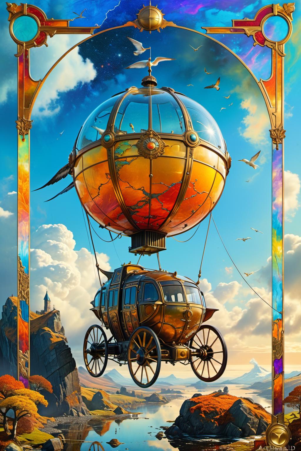 A painting of a steam powered carriage with a large balloon - SeaArt AI