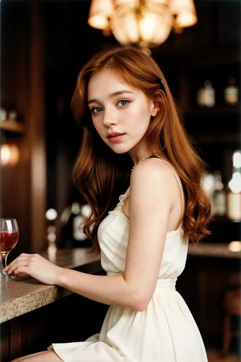 A woman in a white dress sitting at a bar with a glass of wine - SeaArt AI