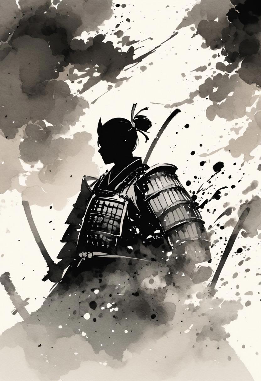 A black and white drawing of a samurai with a sword - SeaArt AI