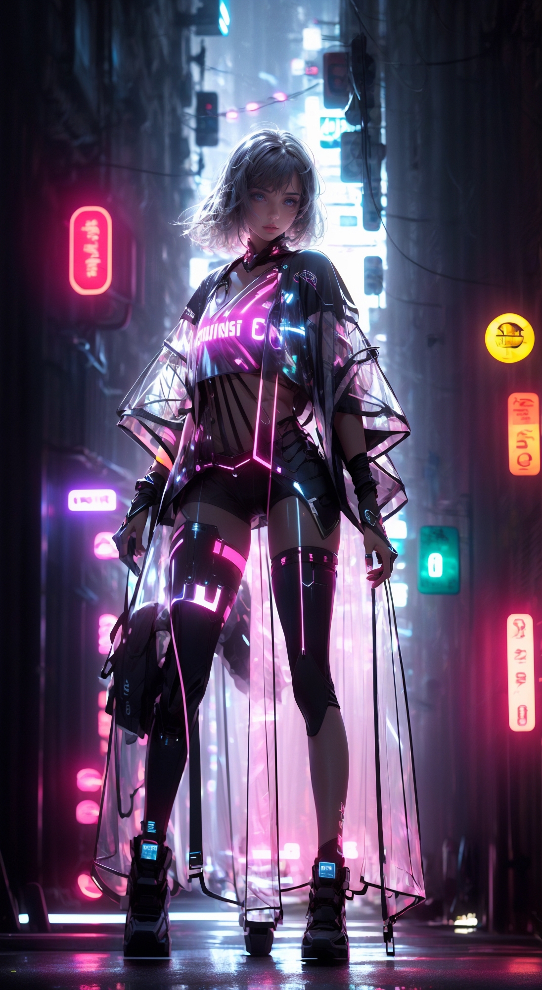 Cyber woman in a futuristic outfit standing in a city at night - SeaArt AI