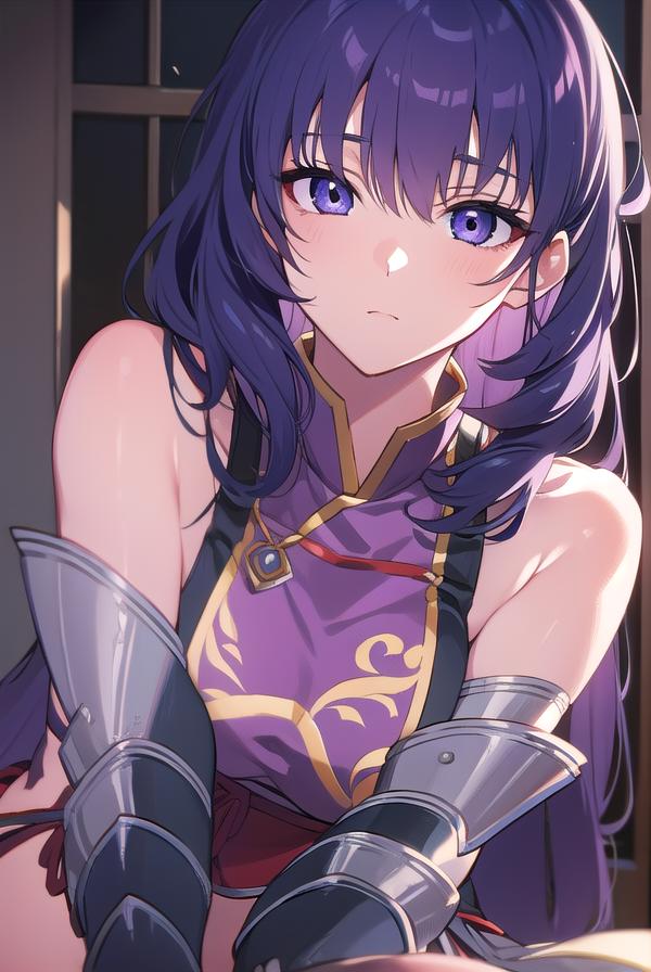A close up of a woman with purple hair and a purple top（raiden shogun) - SeaArt AI