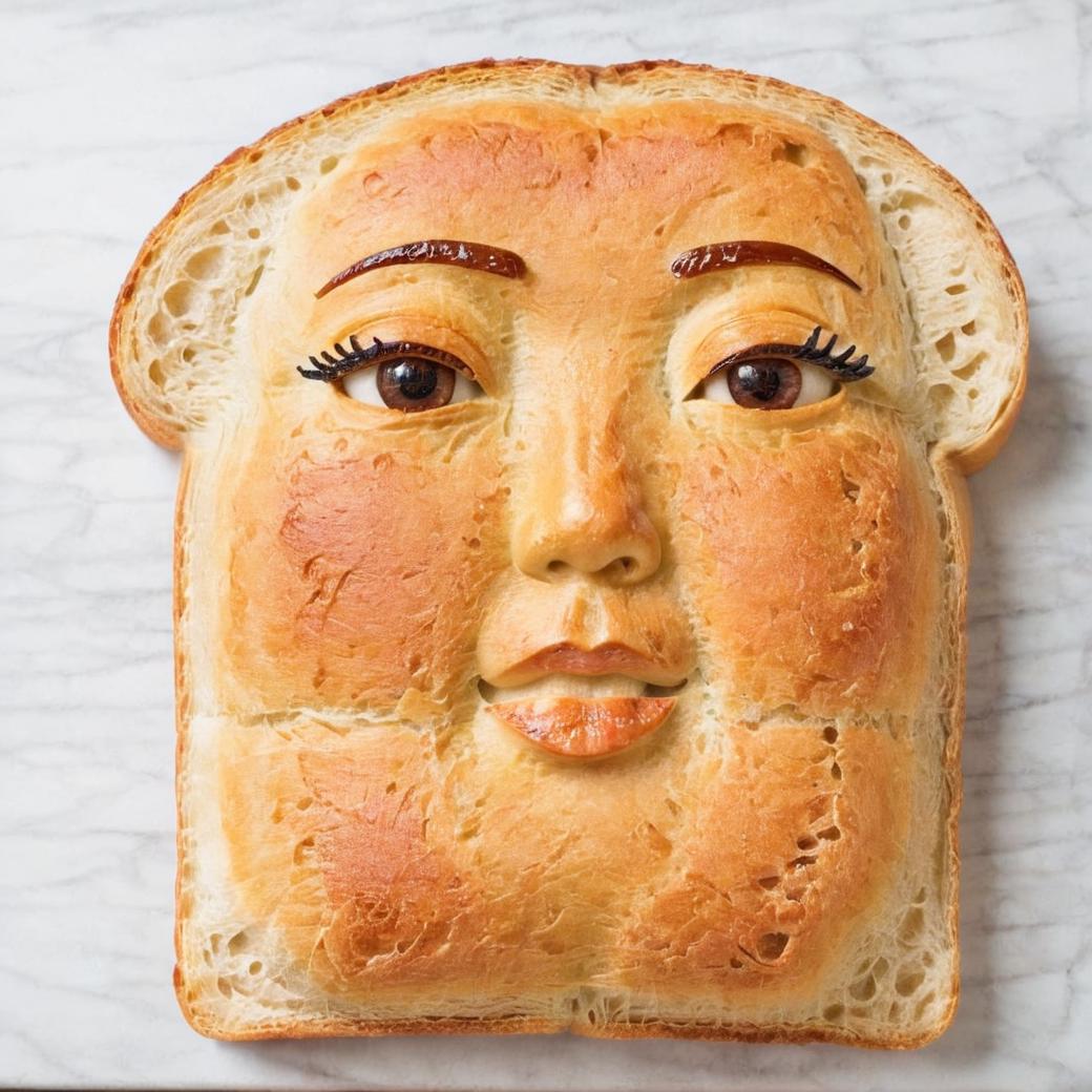 A close up of a face made out of bread on a table - SeaArt AI