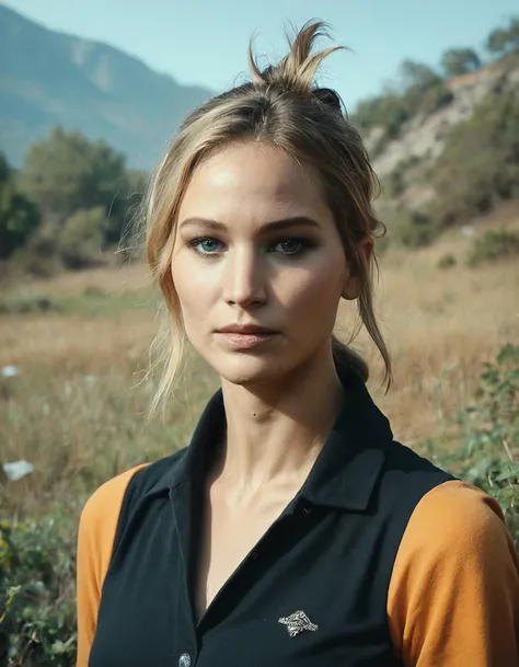 A close up of a woman in a black shirt and orange shirt - SeaArt AI