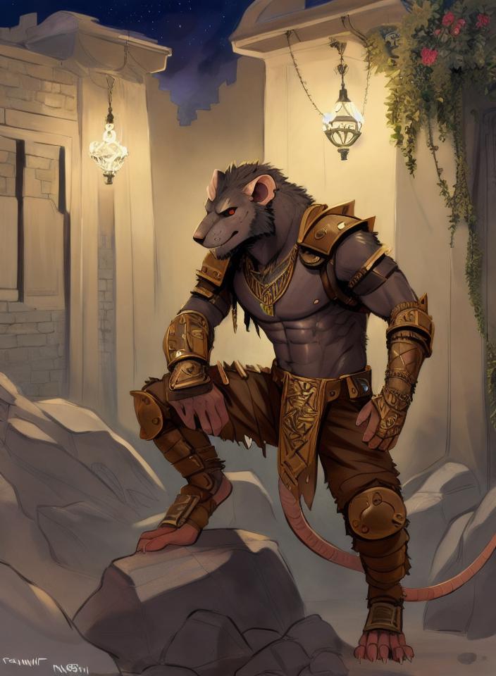 A drawing of a rat with armor standing on a rock - SeaArt AI