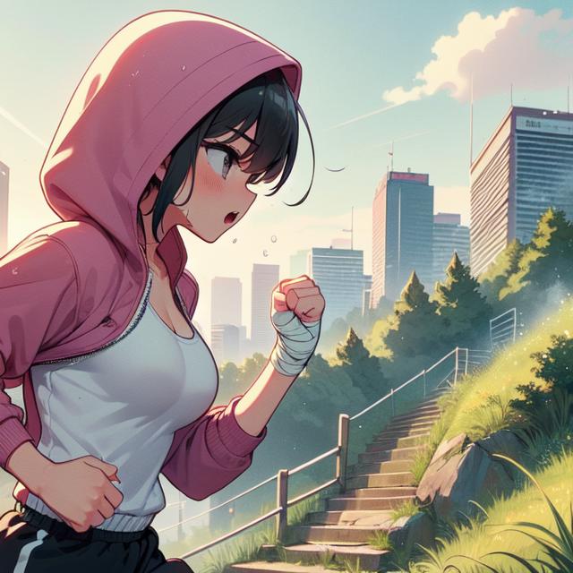 Anime girl in a pink hoodie running down a path - SeaArt AI