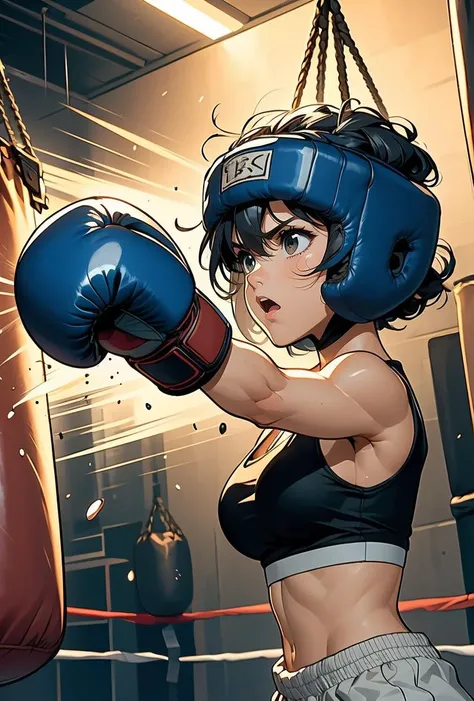 A close up of a woman in a boxing ring with a punching bag - SeaArt AI