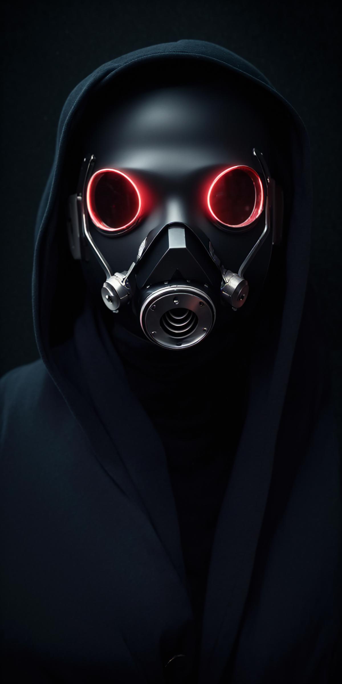 A man in a gas mask with red eyes and a hood - SeaArt AI