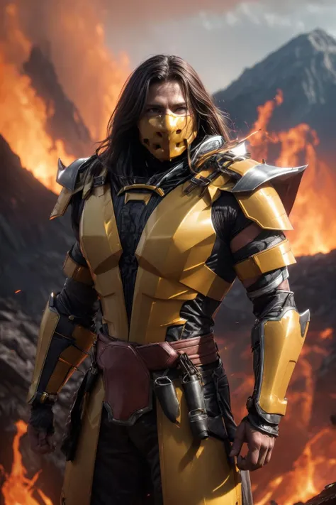 A man in a yellow and black costume standing in front of a mountain ...
