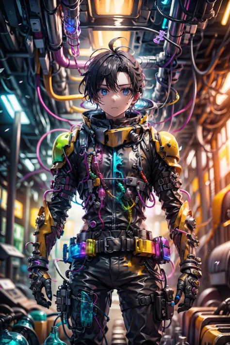 A man in a futuristic suit standing in a room with lots of wires ...