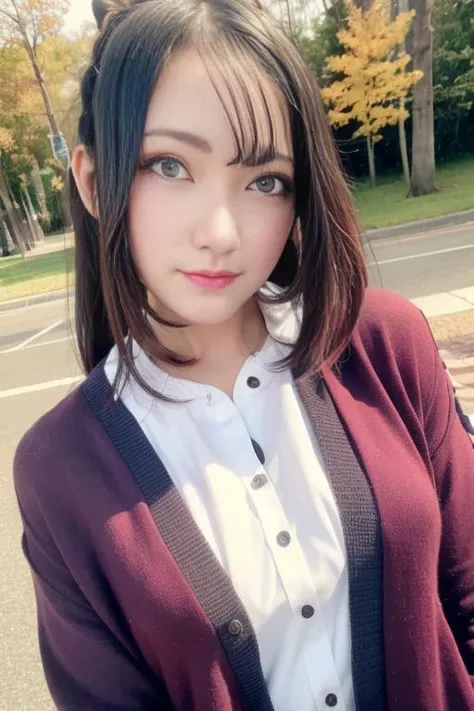 A close up of a woman wearing a red jacket and white shirt - SeaArt AI