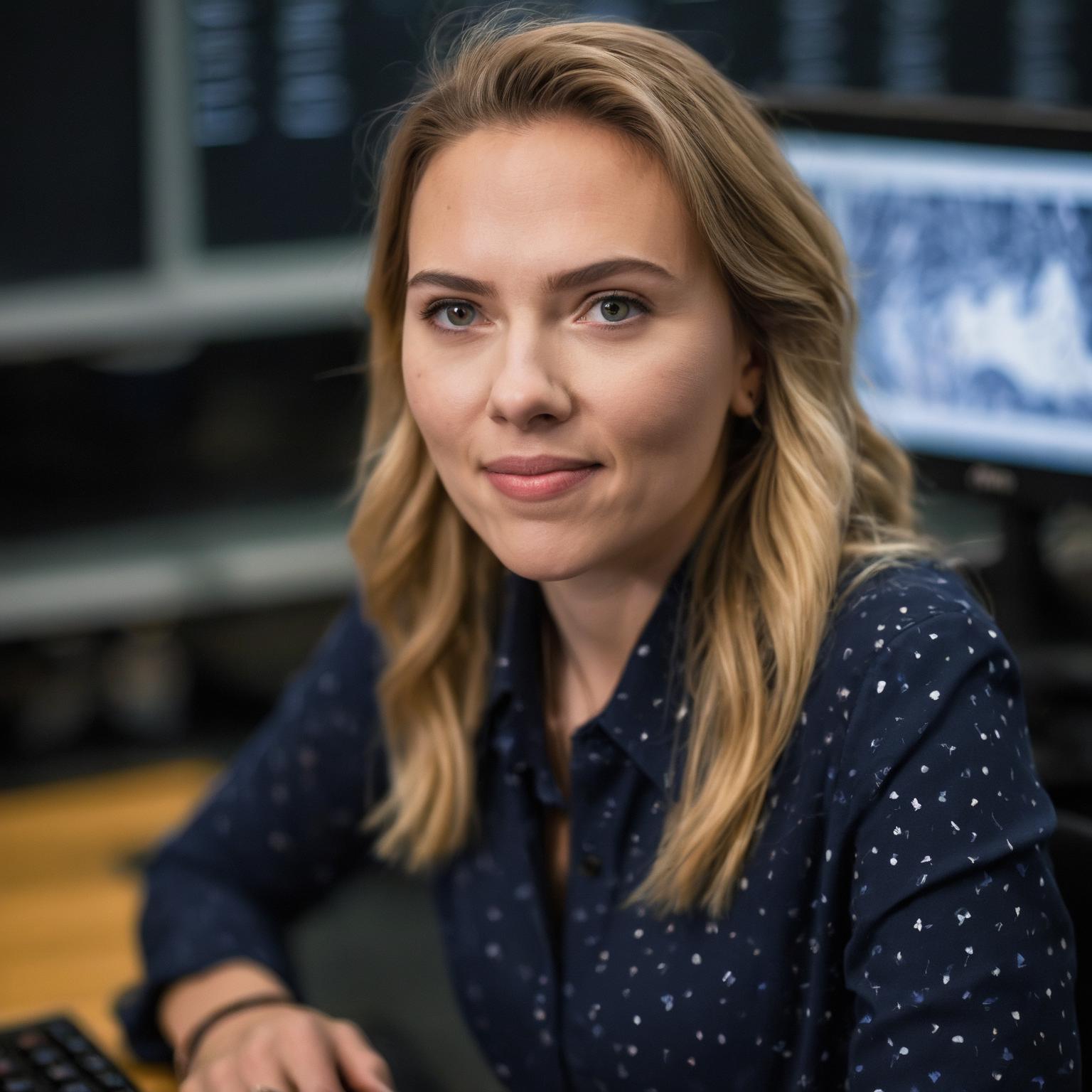 Woman sitting at a desk with a computer and keyboard in front of her ...