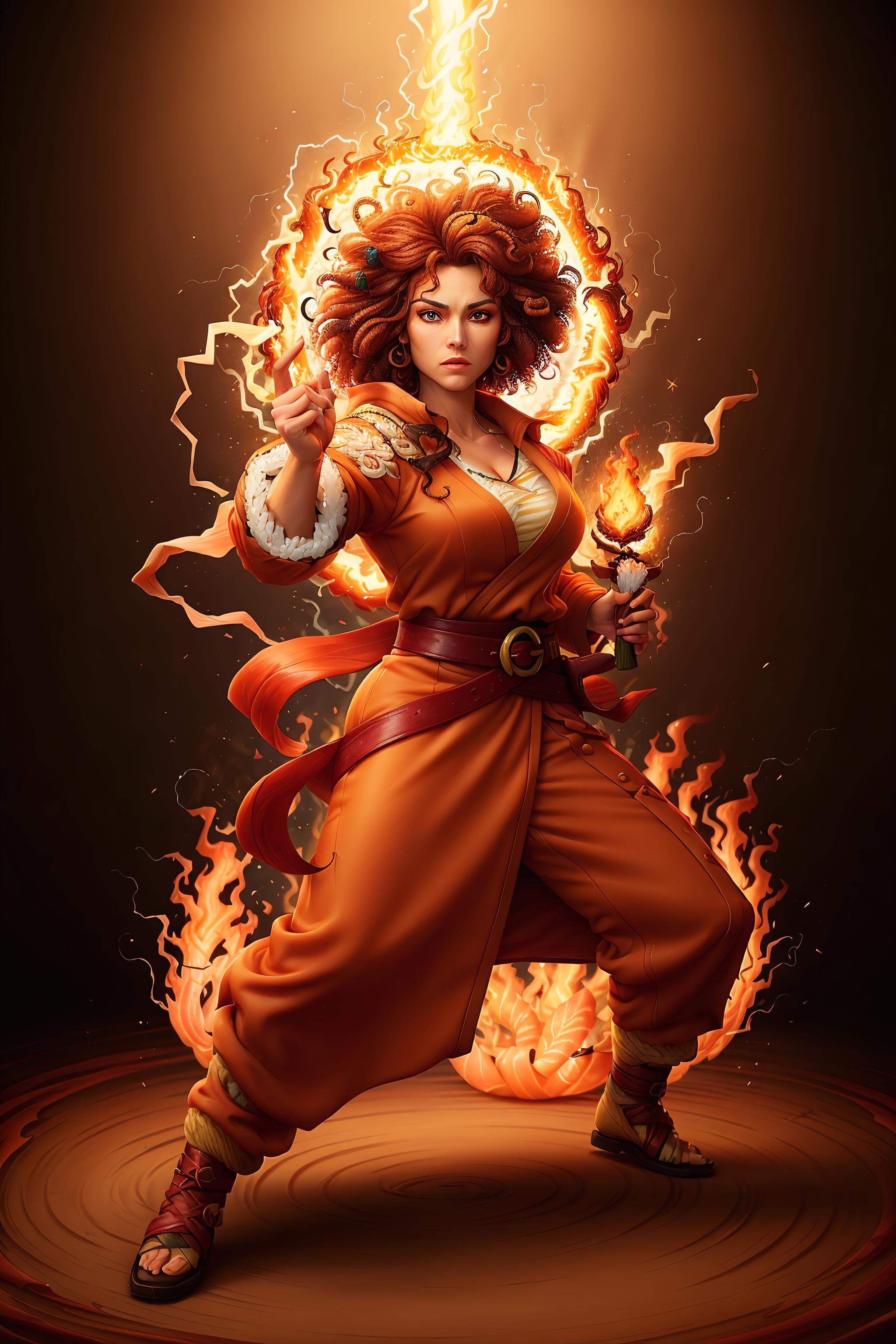 A woman with a fireball in her hand and a flame around her - SeaArt AI