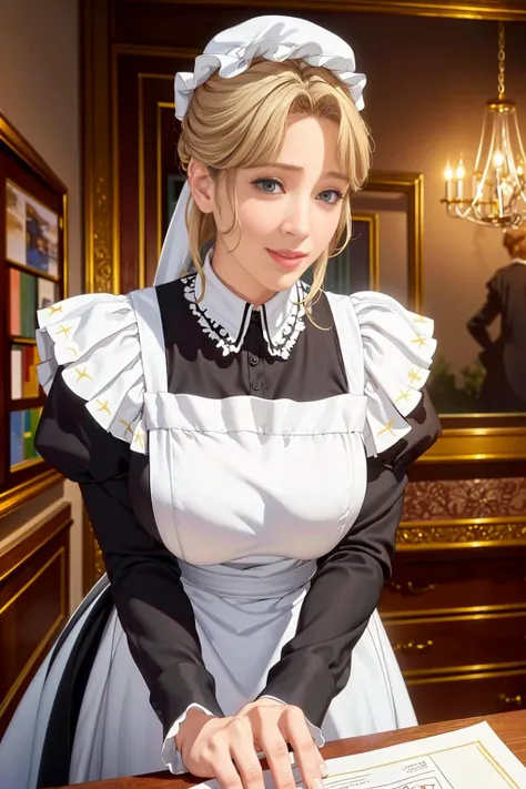 There is a woman in a maid outfit standing at a table - SeaArt AI