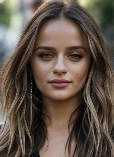 A woman with long hair and a black top is looking at the camera - SeaArt AI