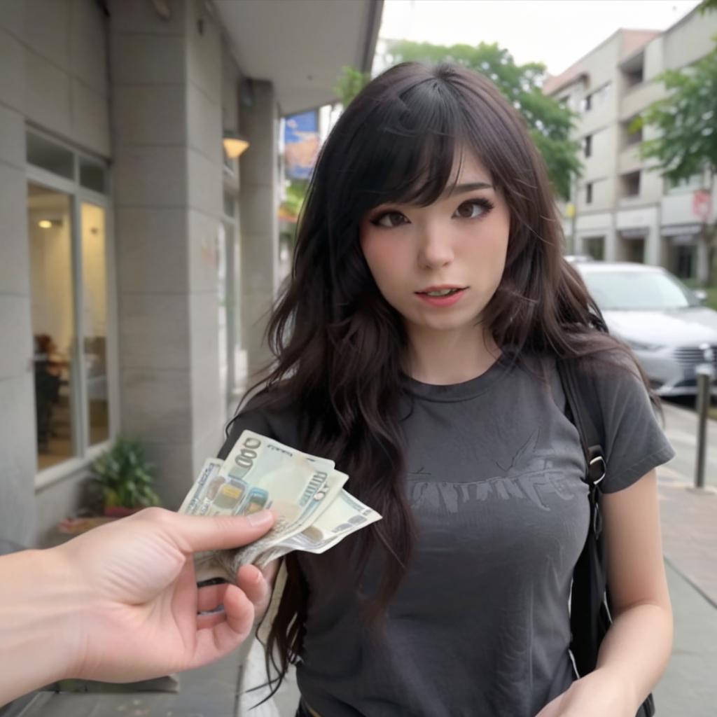 Arafed woman handing money to a man on the street - SeaArt AI