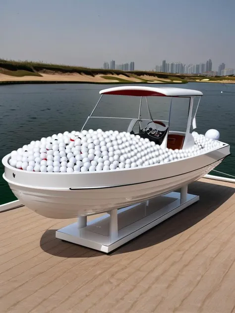 A close up of a boat with a lot of golf balls on it - SeaArt AI