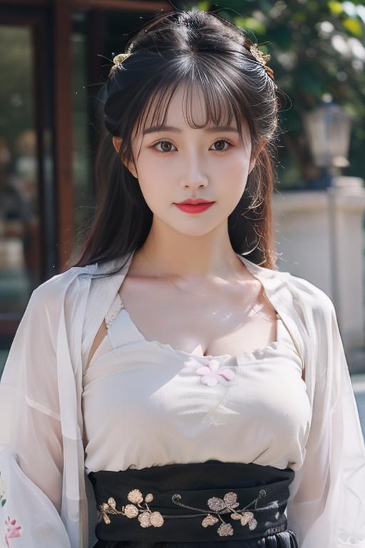 A woman in a white top and black skirt standing outside - SeaArt AI