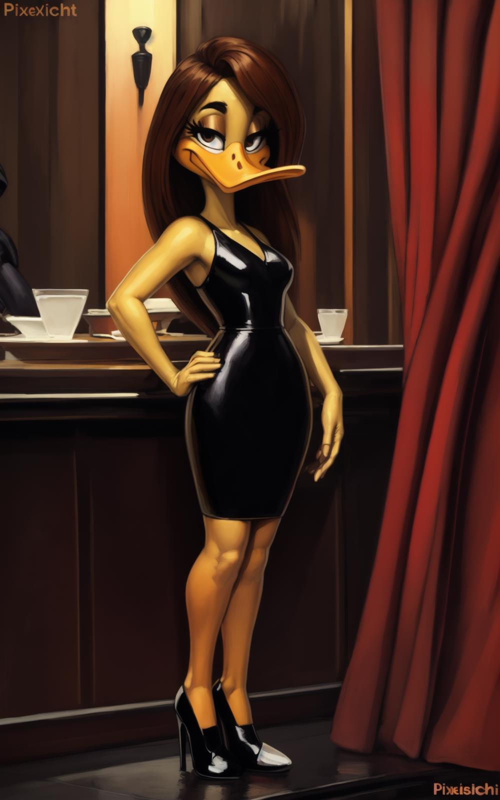A cartoon duck woman in a black dress standing in front of a bar ...