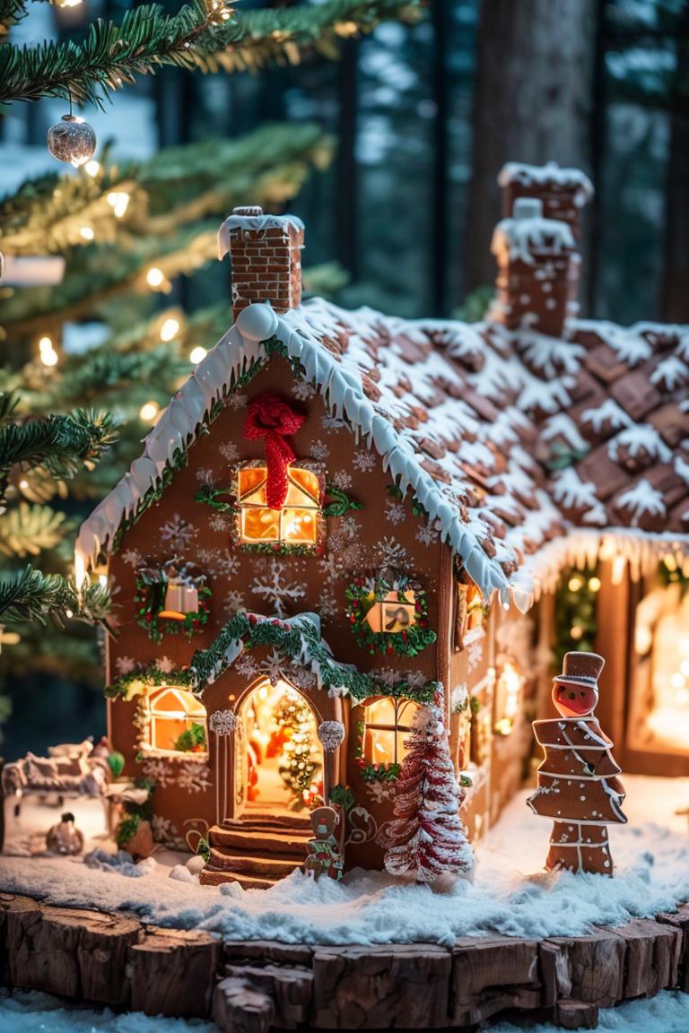A close up of a small house with a christmas tree in the background ...