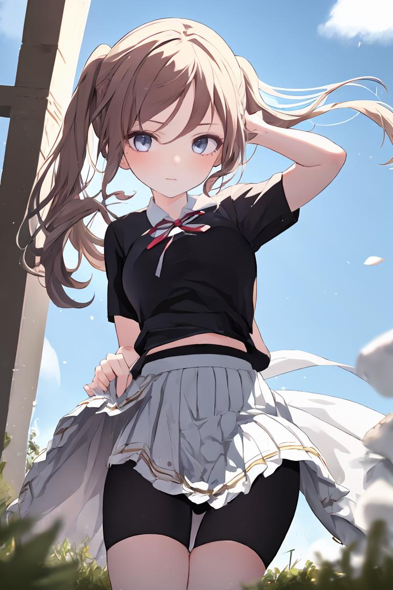 A woman in a short skirt and black shirt standing in front of a building - SeaArt AI