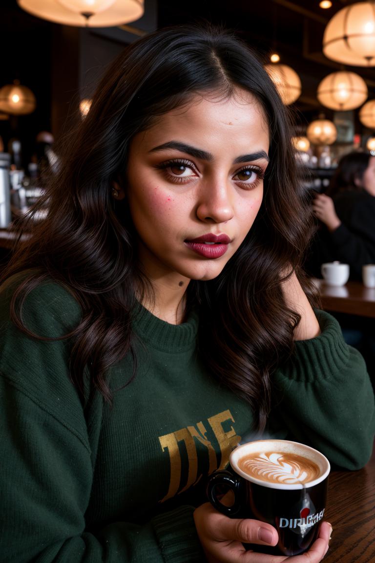Arafed woman holding a cup of coffee in a coffee shop - SeaArt AI